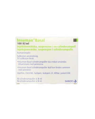 Insuman Basal Injeksjonsvæske, suspensjon 100 IE/ml 5x3ml - Apotek 1