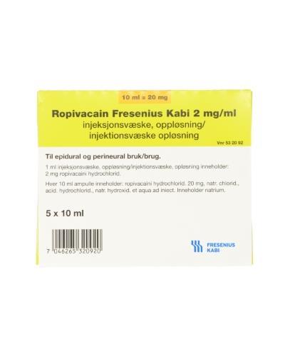 Ropivacain Fresenius Kabi Injeksjonsvæske, oppløsning 2 mg/ml 5x10 ml ...