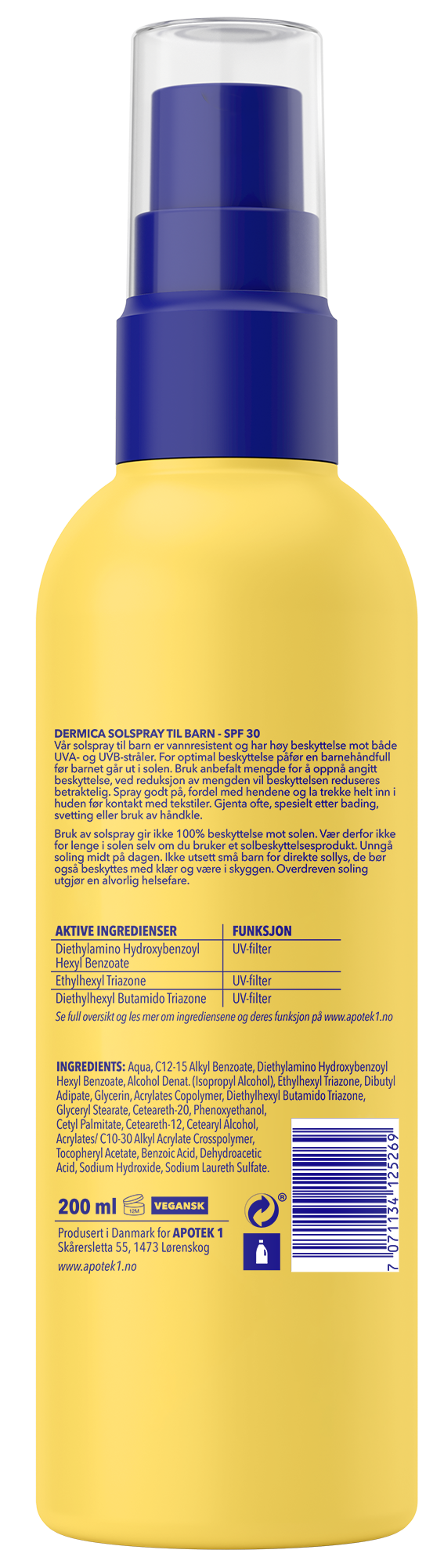 Dermica solspray til barn SPF30 200 ml - Apotek 1