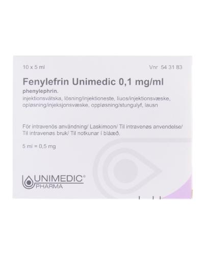 Fenylefrin Unimedic Injeksjonsvæske, oppløsning 0,1 mg/ml ampulle 10x5 ...