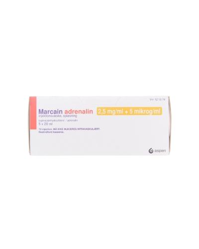 Marcain adrenalin 2,5mg+5mcg/ml injeksjon/fusjonsvæske 5x20MLHGL - Apotek 1