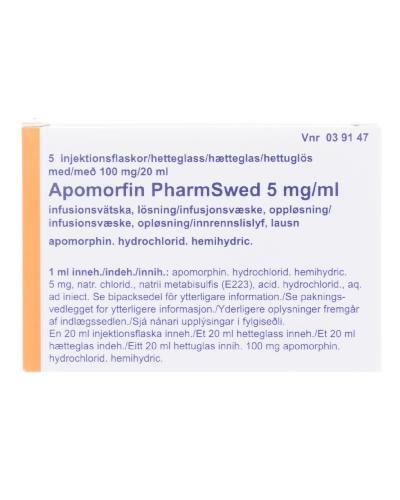 Apomorfin PharmSwed Infusjonsvæske, oppløsning 5 mg/ml 5x20 ml - Apotek 1