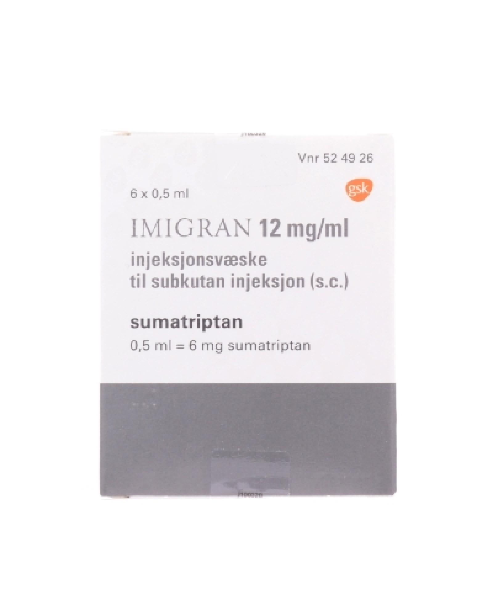 Imigran Injeksjonsvæske, oppløsning 12 mg/ml 3x2x0,5 ml - Apotek 1