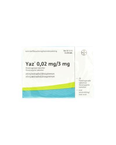 Yaz Tablett, filmdrasjert 0,02 mg/3 mg 3x28 stk - Apotek 1