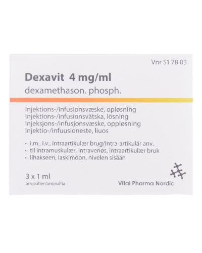 Dexavit 4 mg/ml injeksjons-/infusjonsvæske, oppløsning ampulle av glass ...